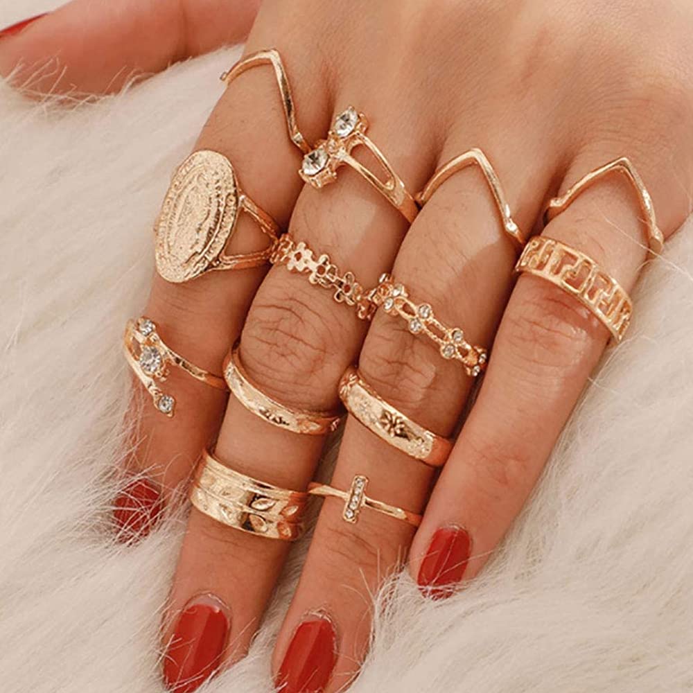 AWEOFR 59PCS Knuckle Rings Set for Womens Girls,Boho Stackable Midi Finger Ring Set,Stars Moon Waves Mountain Peaks Crystal Turquoise Gold&Silver Joint Rings (Gold-59pcs)