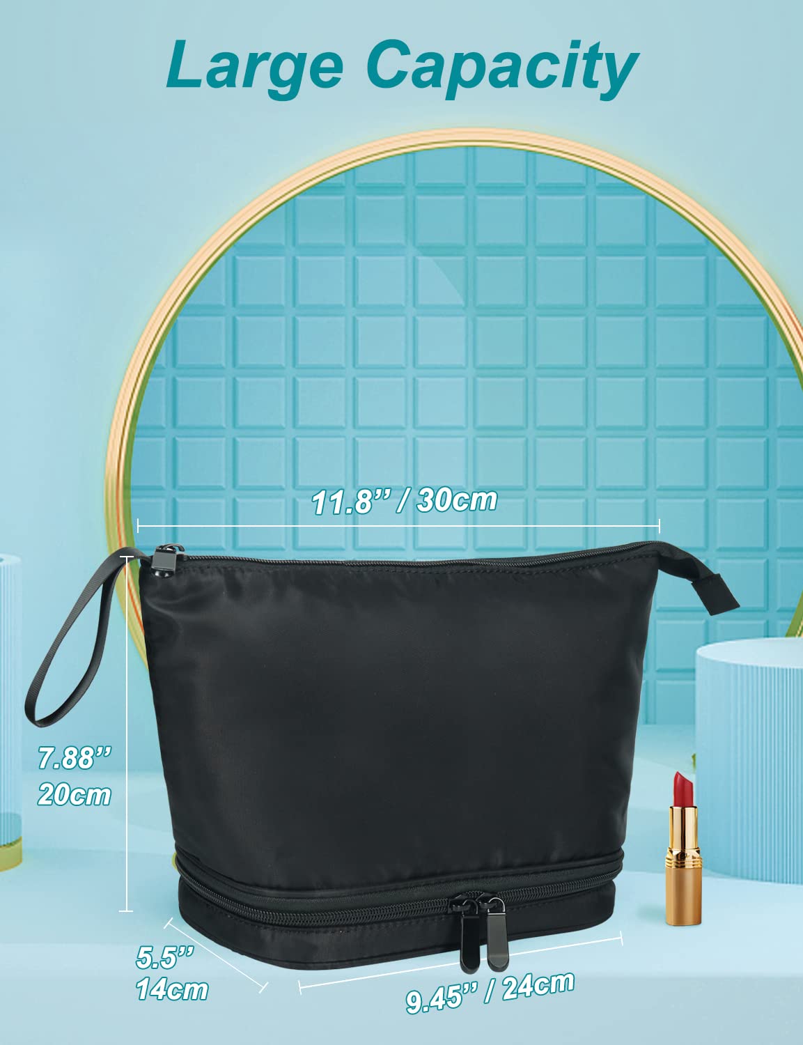 besharppin Double Layer Cosmetic Bag, Large Capacity Makeup Pouch with Brush Holder for Travel Diaper Bag (Black)
