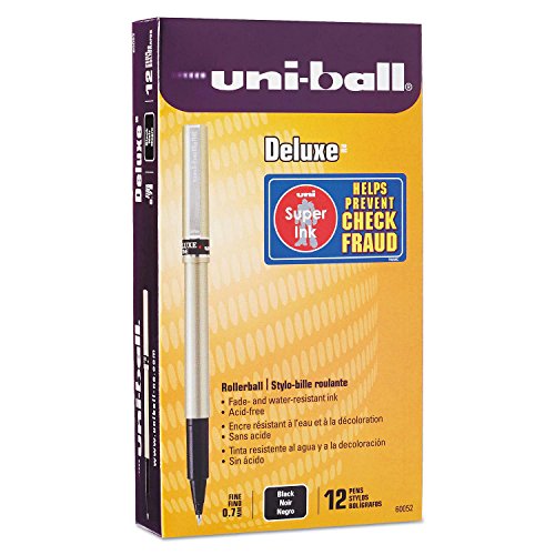 uni-ball Deluxe Roller Ball Stick Waterproof Pen, Black Ink, Fine, Dozen