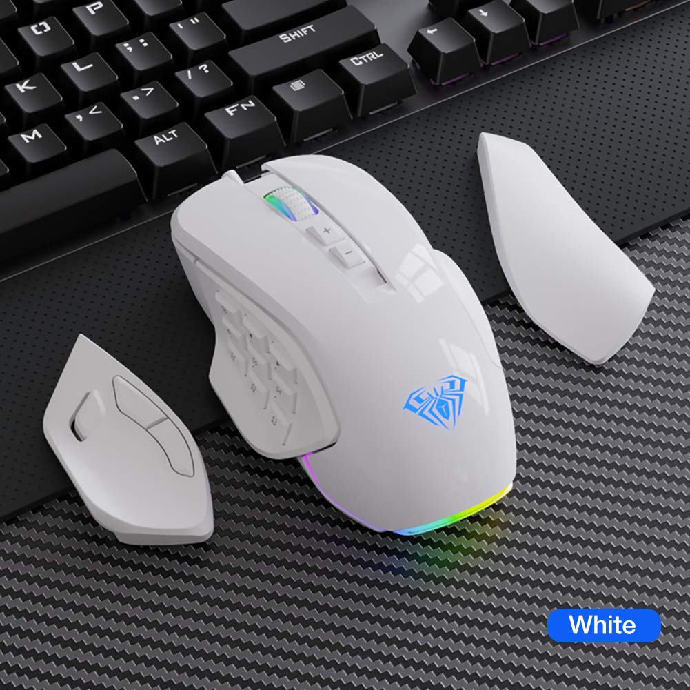 AULA H510 MMO Gaming Mouse with 9 Side Buttons, 10,000 DPI, RGB Backlit Ergonomic Office Games USB Wired Computer Mice, White