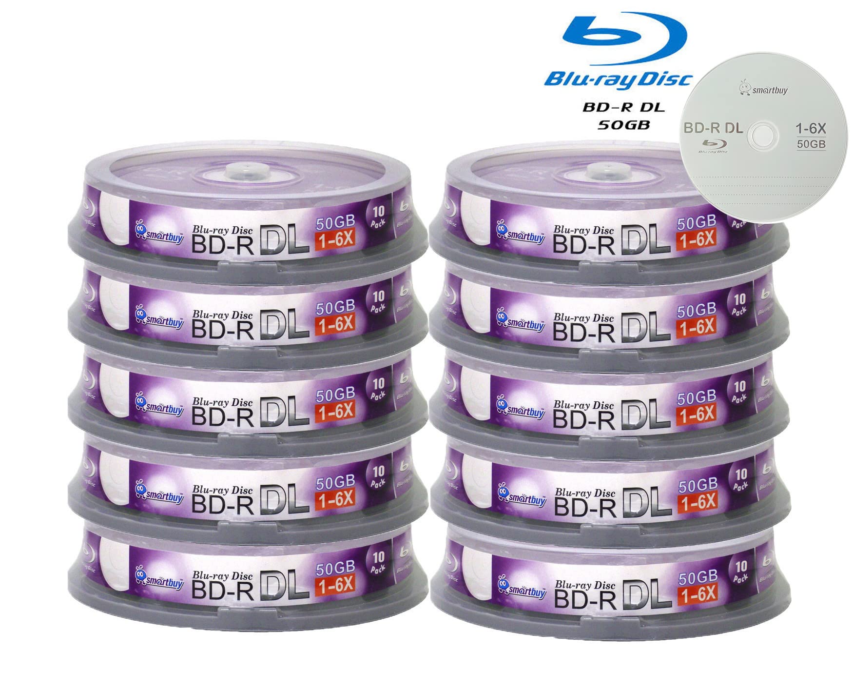 Smartbuy 100-disc 50gb 6X Blu-ray Bd-r Dl Dual Layer Double Layer Logo Top Surface Blank Data Video Recordable Media Disc with Cakebox/Spindle Packing