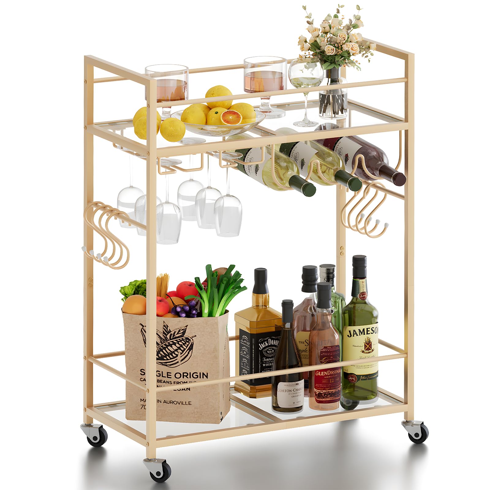 Bar Cart Rose Gold Home Bar Serving Mobile Cart, 2 Tiers Wine Cart with Wine Rack and Glass Holder, Modern Rolling Alcohol Wine Cart, Wine Holders for Home Kitchen Dining Living Room and Party Copper