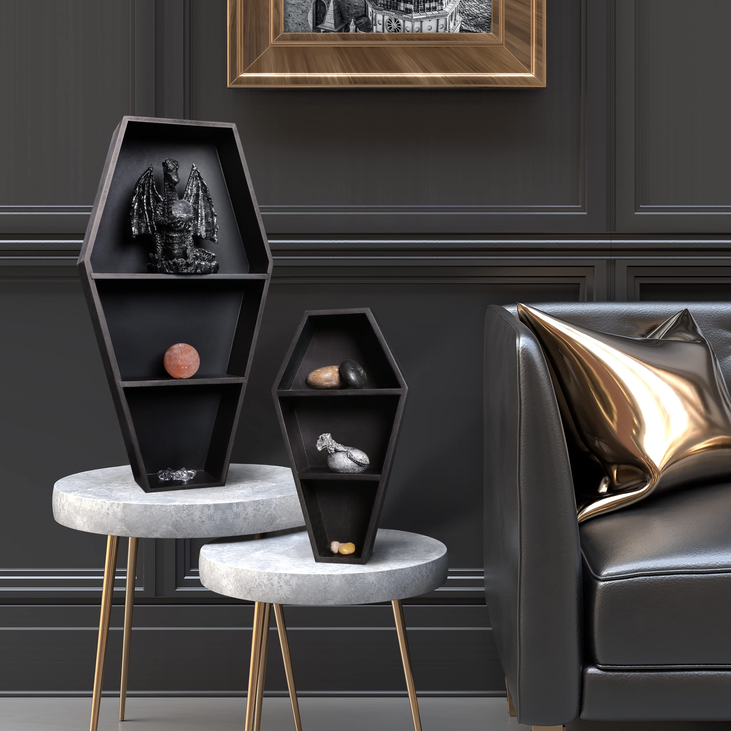 MANNY'S MYSTERIOUS ODDITIES Coffin Bookshelf - Includes Removable Shelves - Small and Large Coffin Shelf 20 Inch and 14 Inch - Gothic Decor for Home