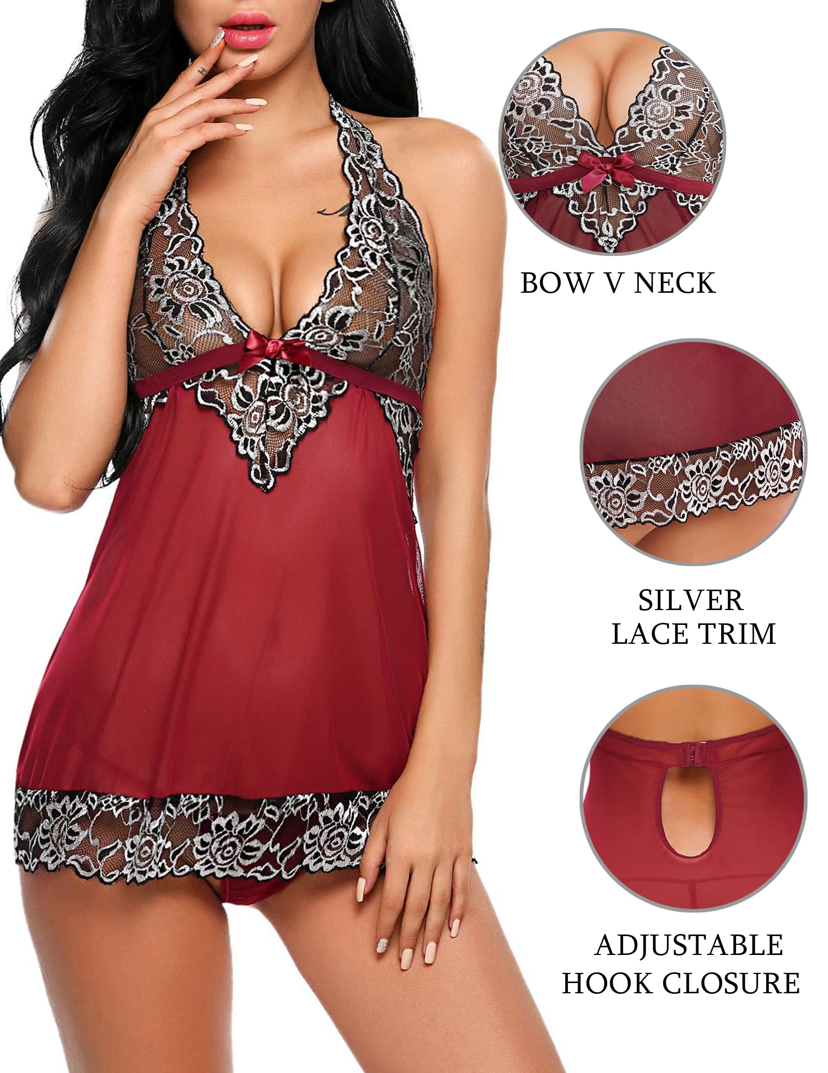 Avidlove Women's Lingerie Cute Sexy Night Gowns Embroidered Maid Outfit Dark Red Large