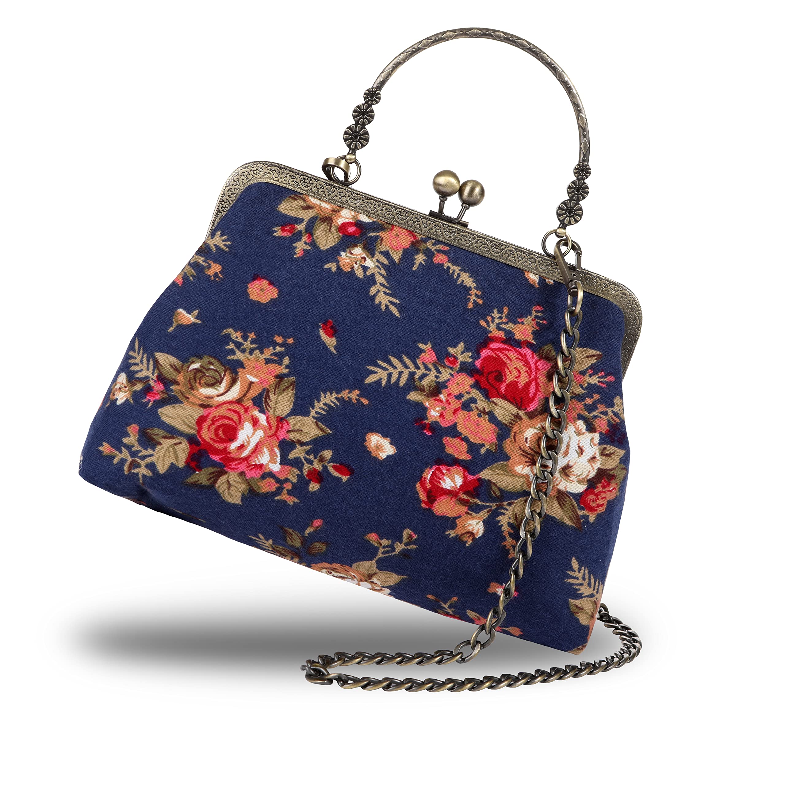 Arnosoar Floral Top-Handle Handbag Kiss Lock Evening Bag Women Canvas Shoulder Bag Dark-blue