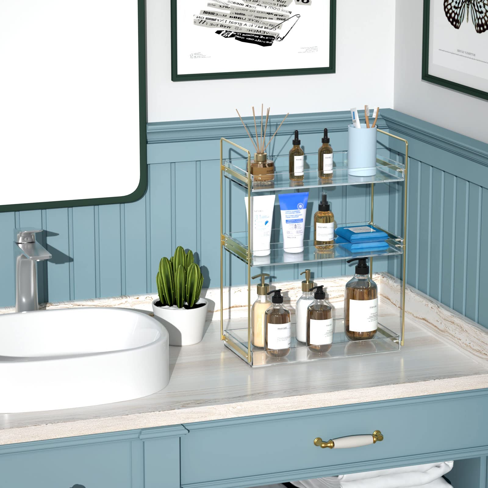 Bathroom Countertop Organizer, 3 Tier Acrylic Tray Vanity Counter Skincare Organizer Shelf, Kitchen Under Sink Standing Rack, Home Storage Holder for Lotion Makeup Cosmetics Perfume Spice, Gold