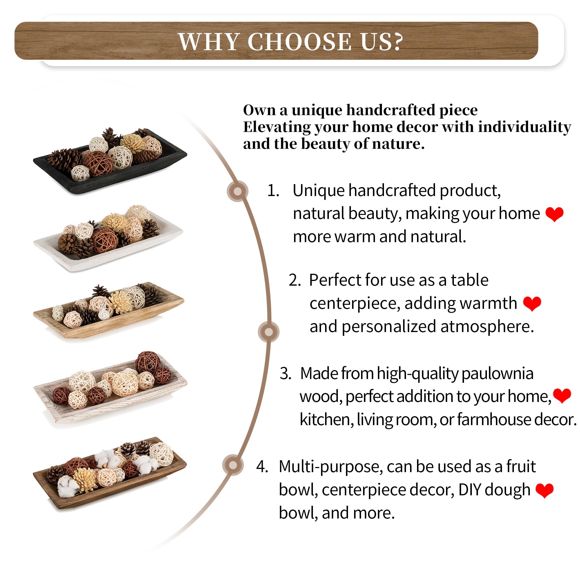 Hanobe Decorative Wooden Dough Bowl: Wood Table Centerpiece Decorations Rustic Natural Candle Holder Tray Trough for Dining Room Kitchen Decor, Brown