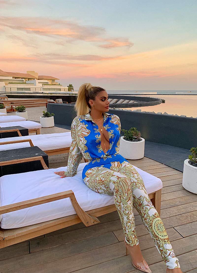 Aro Lora Womens Sexy Deep V Neck Long Sleeve Floral Print Two Piece Jumpsuit Outfit Bodysuit and Pant Set Small Blue