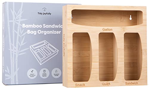 Bamboo Ziplock Bag Storage Organizer for Drawer and Wall-Mount; Gallon, Quart, Sandwich and Snack Plastic Bag Organizer; 4 Compartment Kitchen Drawer Organization and Storage for Baggies