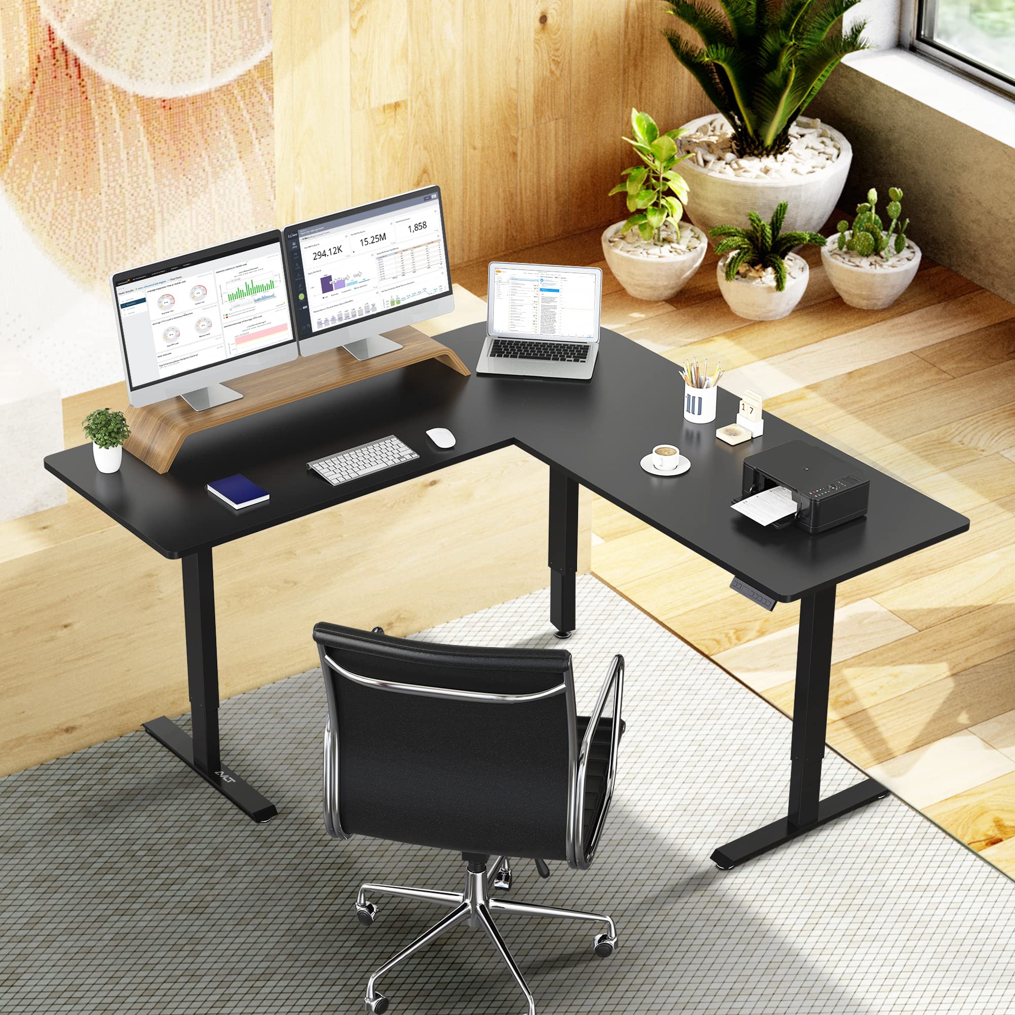 AVLT 47" Electric Standing Desk (3 ft 11 inches) L Shaped Sit Stand Desk Height Adjustable with Swappable Mid Foot Design - 3 Leg Motorized Corner Desk - Frame Only - Black