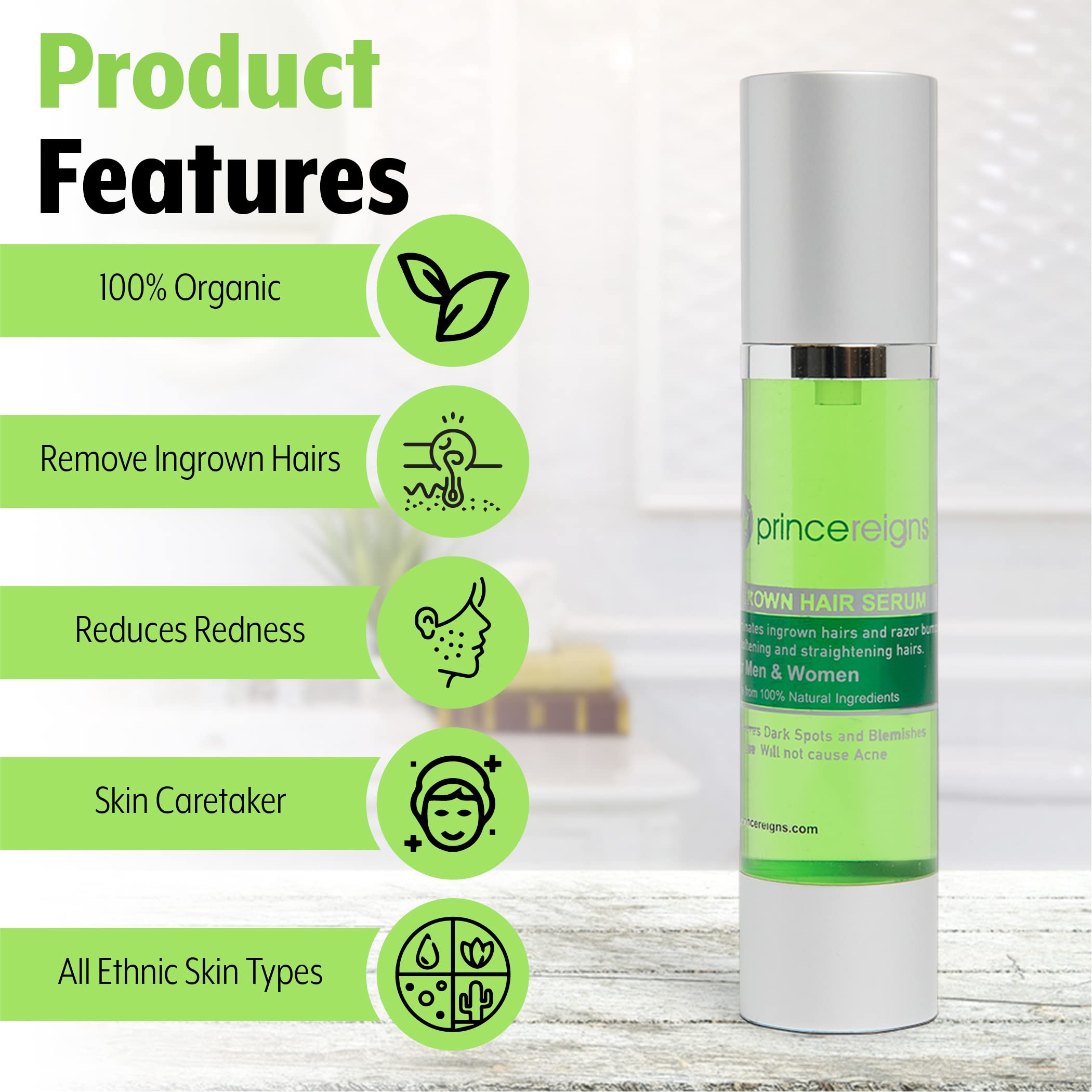 Princereigns Ingrown Hair Serum - Organic Razor Bump & Redness Solution for Men & Women, Ideal for Face, Bikini, Legs, Underarm, Prevents Future Ingrown Hairs, No Alcohol or Oils - 2 Fl. Oz
