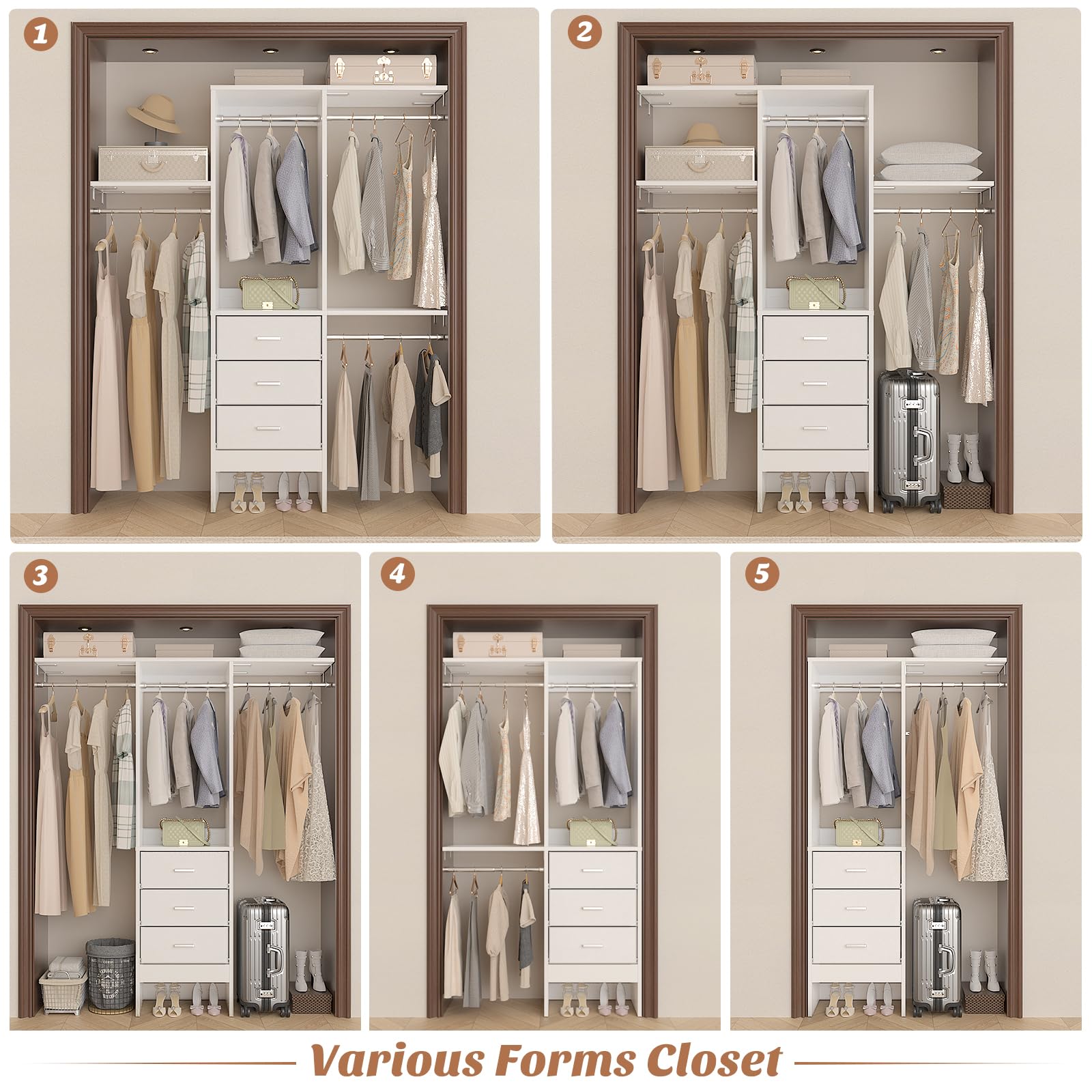 Besiost 4FT Small Closet System with 3 Fabric Drawers, 48'' Closet Organizer System with 3 Adjustable Shelves, Flexible Built-in Clothes Garment Rack for Small Space, 48" L x 13" W x 71" H, White