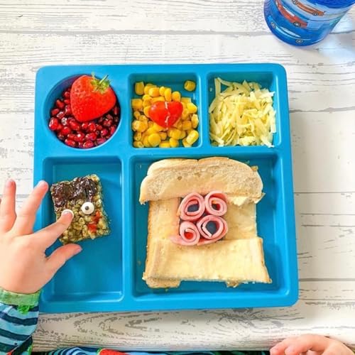 bobo&boo Bamboo Kids Divided Bento Plate, Sectioned Toddler Plate, Childrenās Compartment Plates, 5 Portioned Sections, Mix and Match, Dolphin Blue