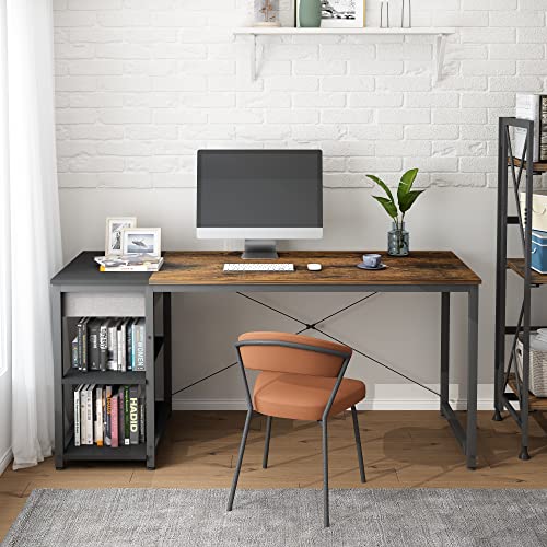 KAVFOCOY Simple Style Computer Desk with Storage Shelves Study Writing Table for Home Office Easy Assembly 55inch Rustic Brown