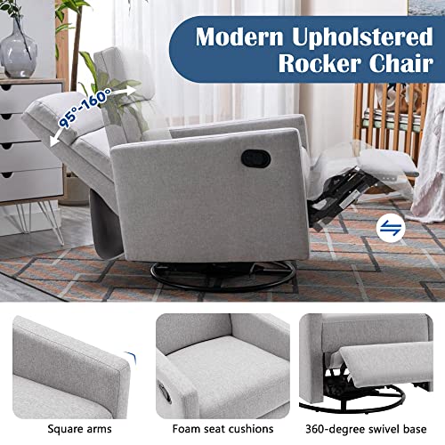 P PURLOVE Modern Upholstered Rocker Chair with Adjustable Backrest and Retractable Footrest, 360° Glider Swivel Recliner Chair, Glider Chair Easy to Assemble and Clean, Gray
