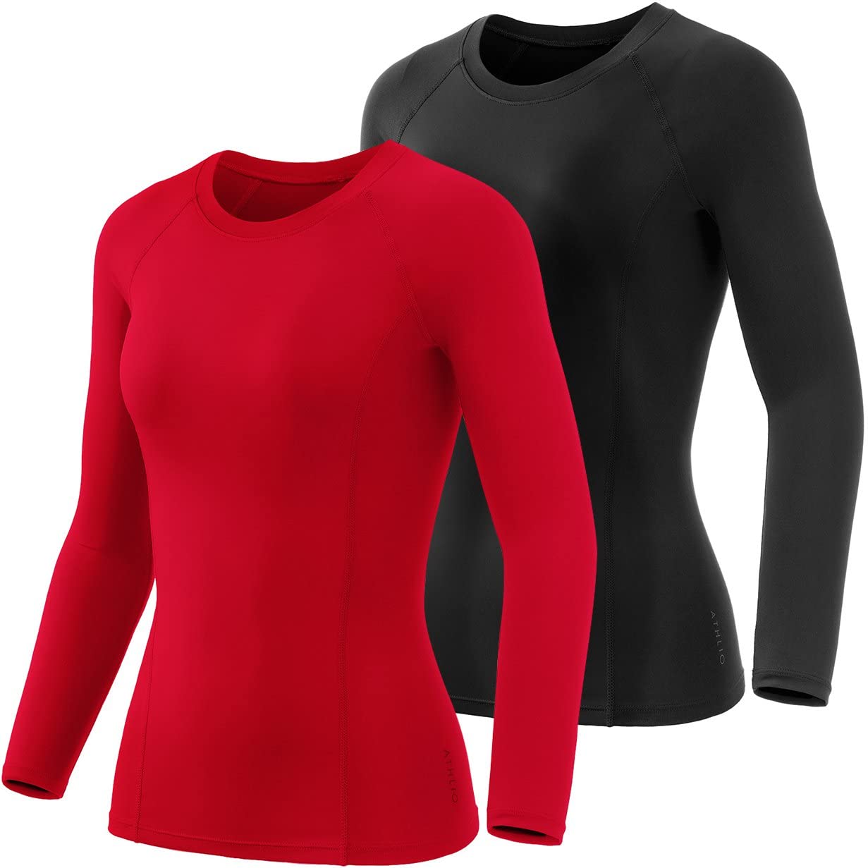 ATHLIO Women's Sports Compression Shirt, Cool Dry Fit Long Sleeve Workout Tops, Athletic Exercise Gym Yoga Shirts, 2pack Black/Red, Large