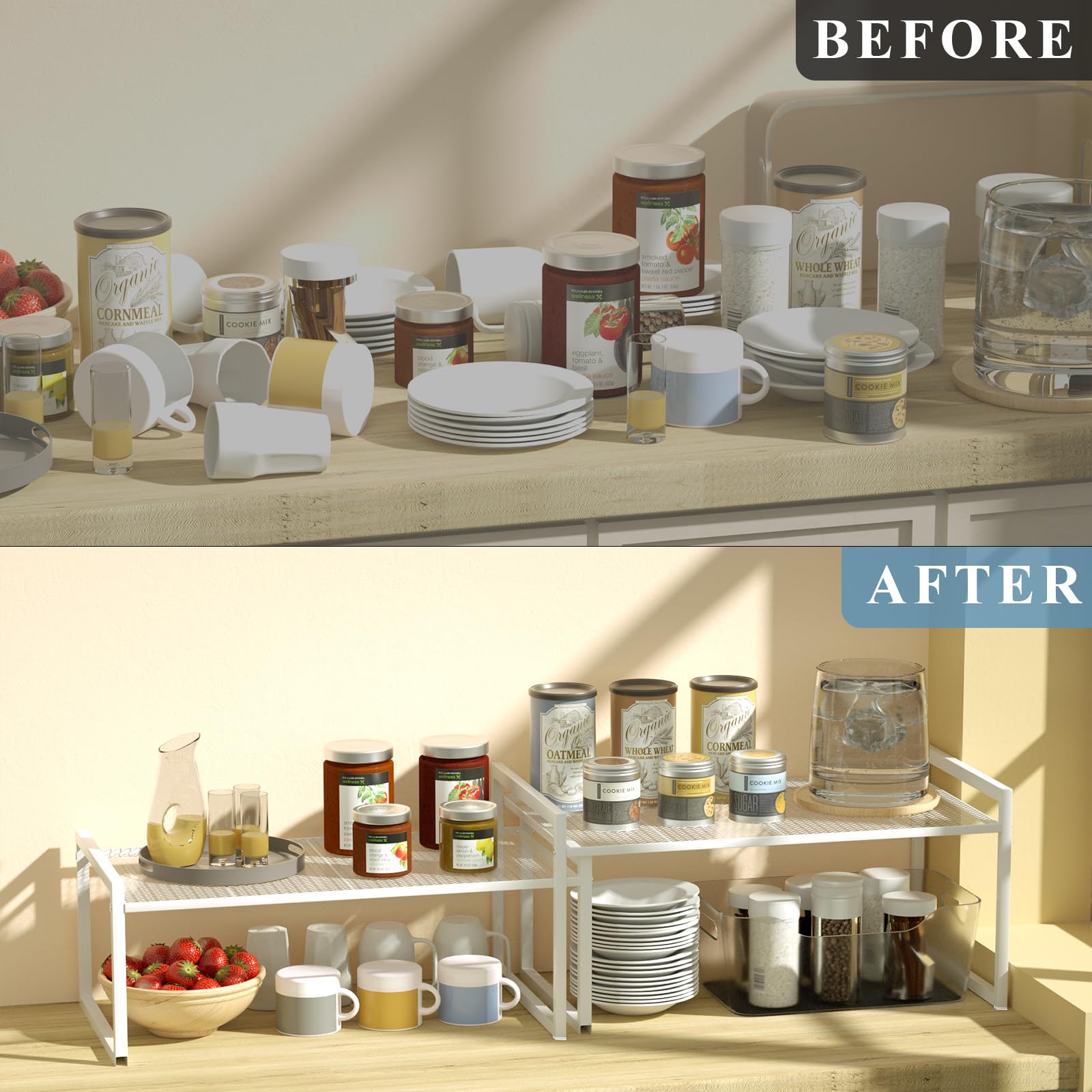 BlisXybion Set of 2 Kitchen Cabinet Organizer Shelf Stackable Sturdy Metal Counter Countertop Pantry Storage Rack
