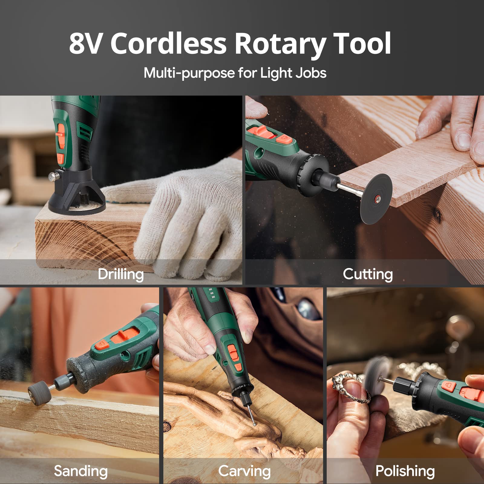 DEPSTECH Cordless Rotary Tool Kit, 8V 2.0Ah Rechargeable Battery, 30000RPM 5-Speed Multi Power Carving Tools, 127Pcs Accessories, Shield Attachment, Cutting/Drilling Guide for Handmade/DIY Creations
