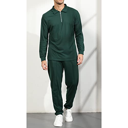 Aulemen Men's 2 Piece Tracksuits Outfits-Casual Long Sleeve Zip Polo Sweatsuits Set For Men Green XL