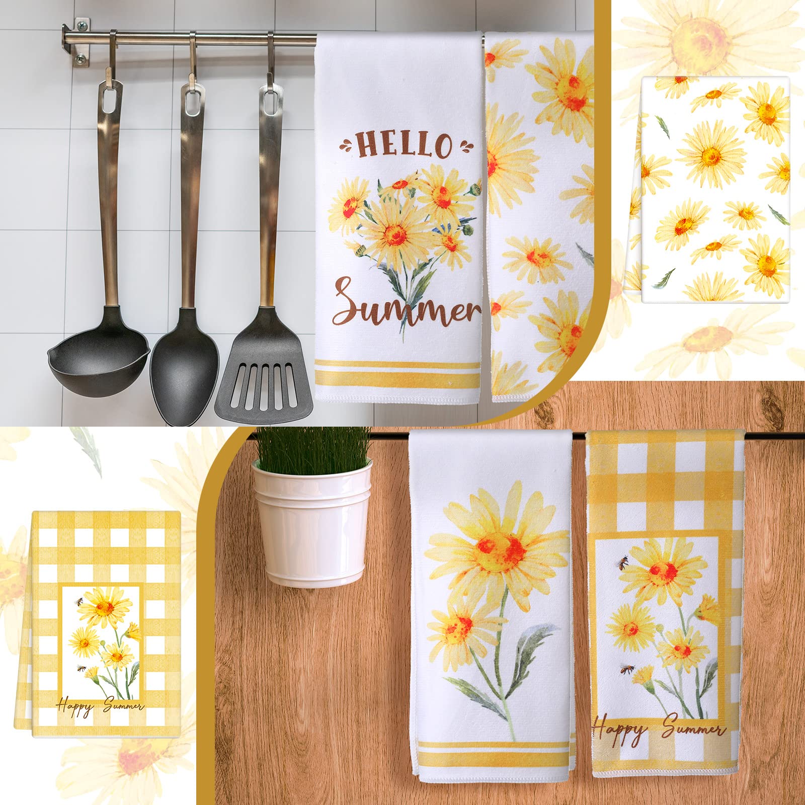 Buryeah 4 Pcs Kitchen Towels Set Yellow Daisy Dish Towels Yellow Dish Towels Absorbent Summer Kitchen Drying Towels for Kitchen Bathroom Party Seasonal Wedding Home Decorations,15.75 x 23.62 Inches