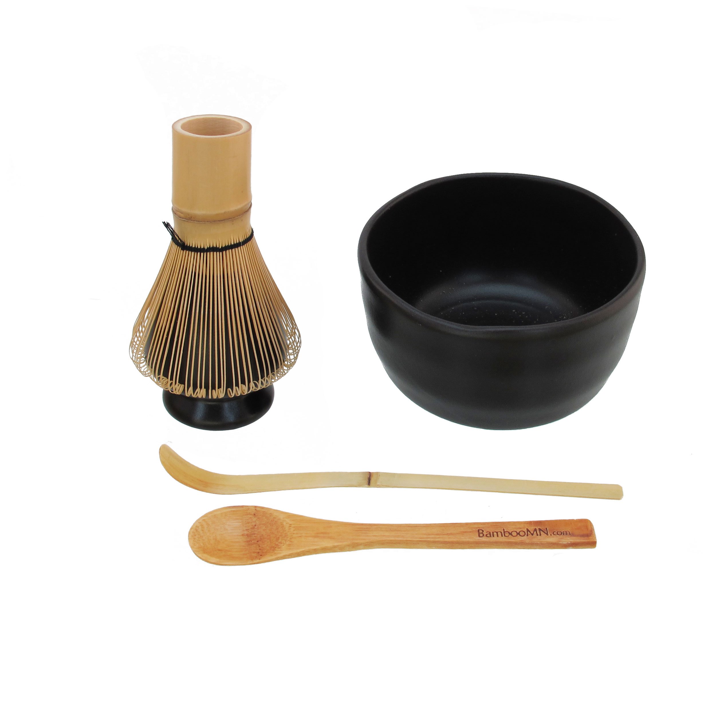 BambooMN Brand - Matcha Bowl Set (Includes Bowl, Rest, Tea Whisk, Chasaku, & Tea Spoon) 1 Set Black