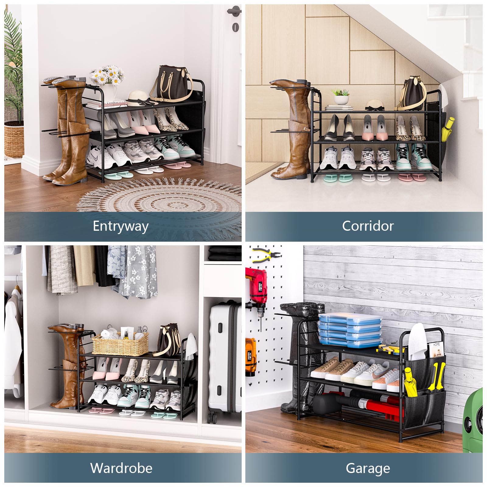 CLESOO Shoe Rack Storage Organizer 3-Tier Freestanding Metal Shoe Rack, Stackable Combination Shoe Rack with Side Pockets and Boot Organizer Rack Suitable for Entrances, Corridors, Garages