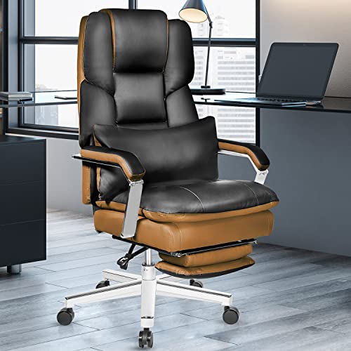 SeekFancy Reclining Office Chair with Footrest O203, Big and Tall Office Chair 500lbs Wide Seat with 170° Backrest, High Back Large Executive Office Chair Lumbar Support,Black Leather Managerial Chair