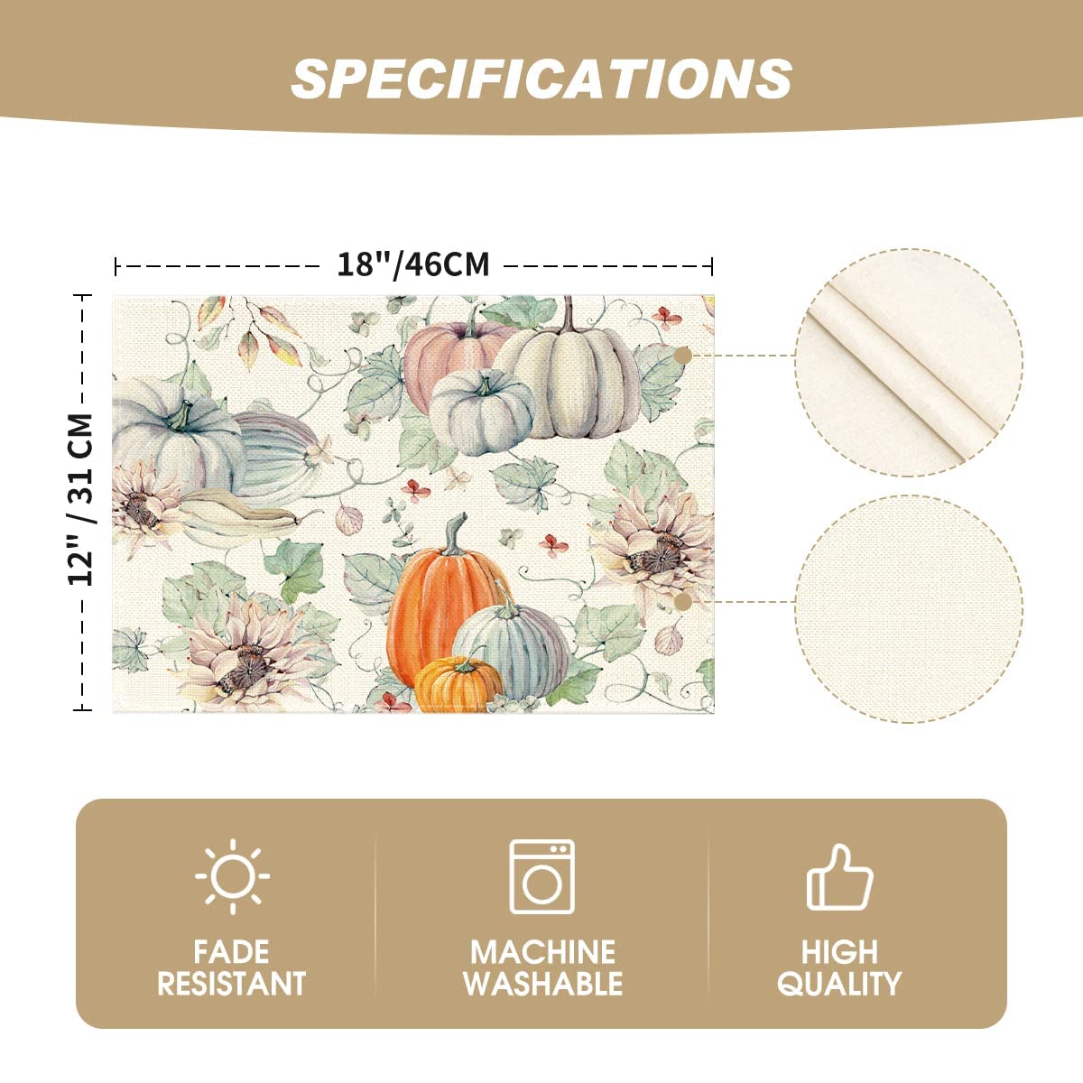 Artoid Mode Pumpkins Leaves Floral Fall Placemats Set of 4, 12x18 Inch Seasonal Autumn Thanksgiving Table Mats for Party Kitchen Dining Decoration