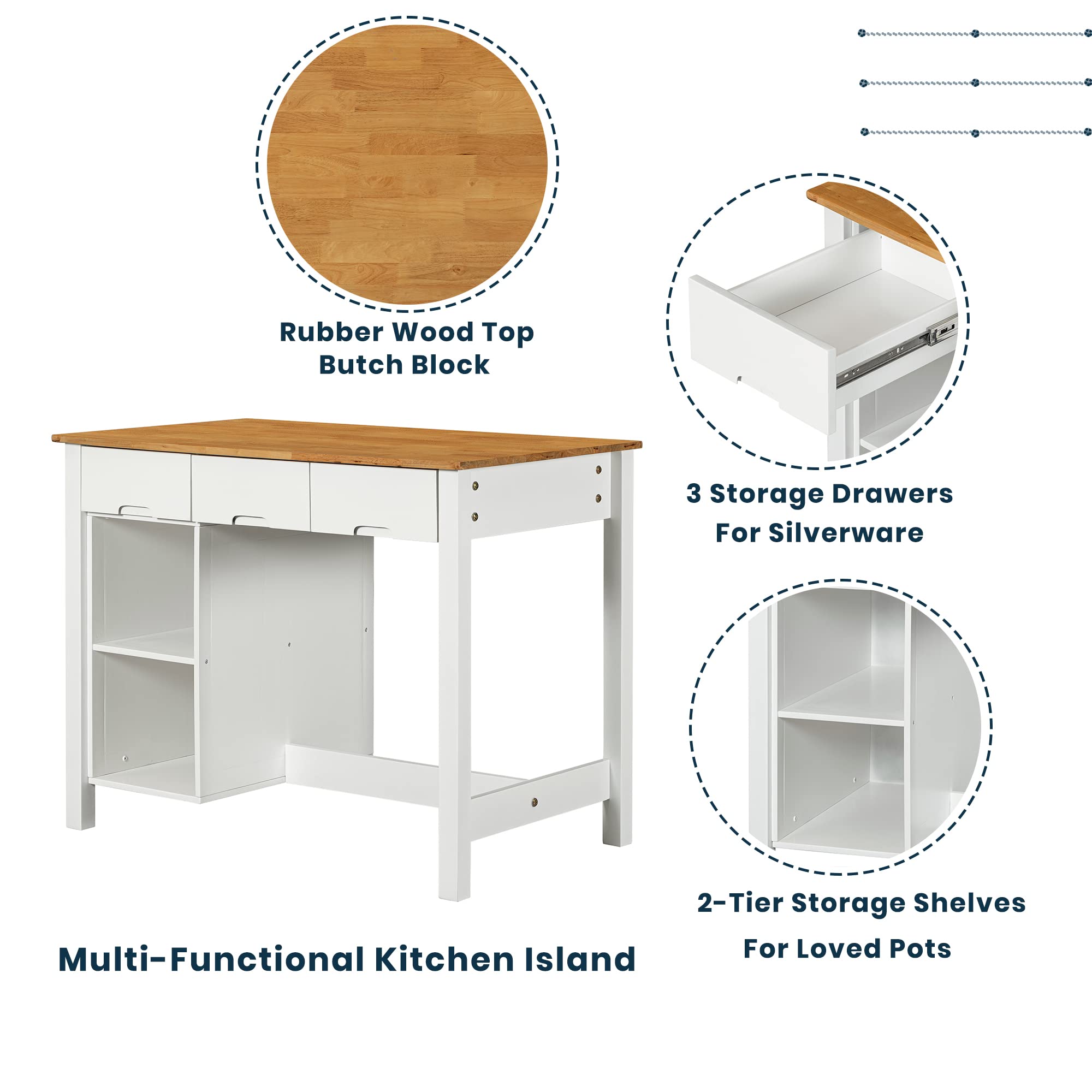 Bellemave 3 Piece Kitchen Island with Seating for 2 Counter Height Dining Table Set with Storage Farmhouse Wood Bar Table with Stools Small Breakfast Dinner Table and Chairs, White