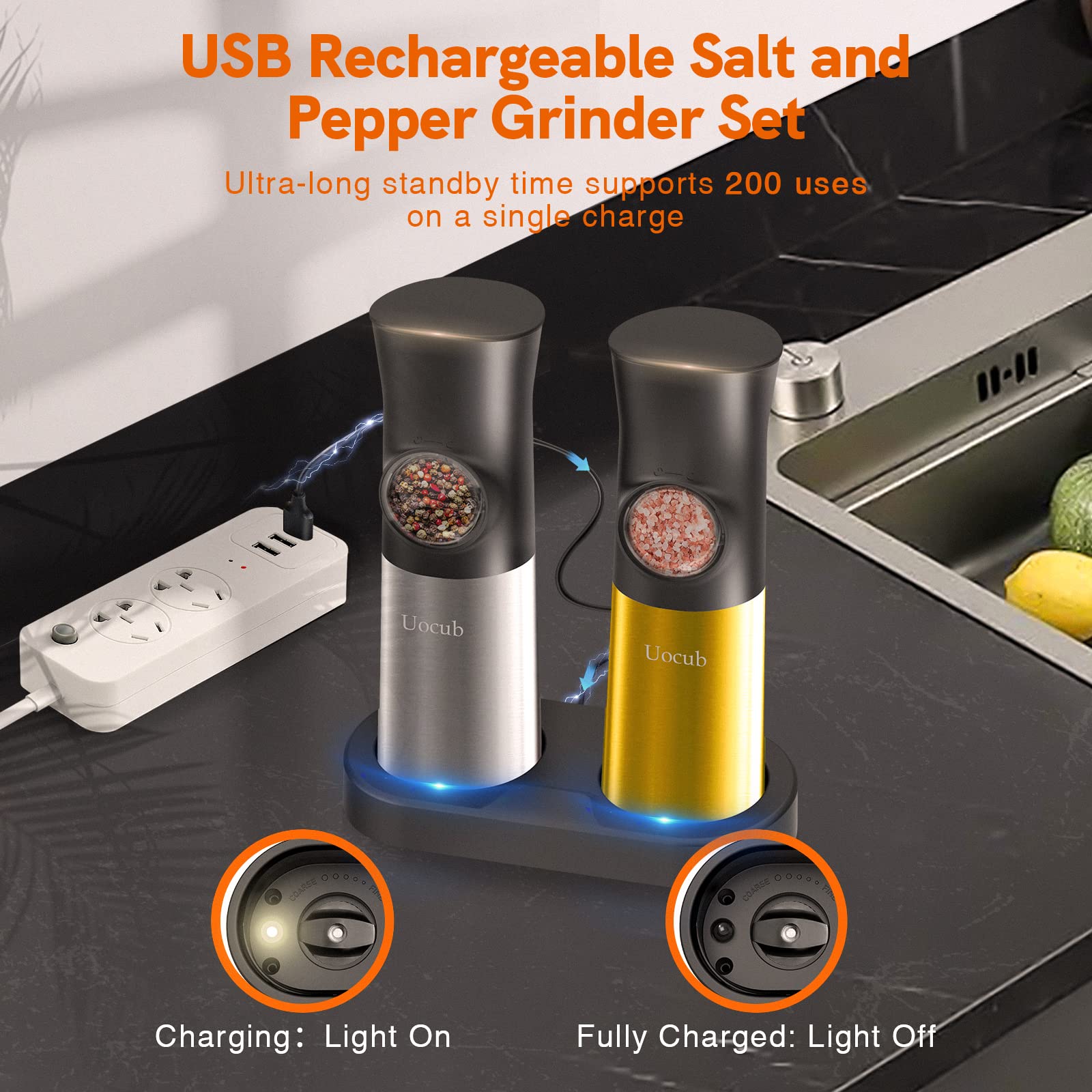 Gravity Electric Salt and Pepper Grinder Set - USB Rechargeable,Automatic Salt Pepper Mill with 5 Adjustable Coarseness, Ceramic Grinder with Bottom Cap, White LED Lights