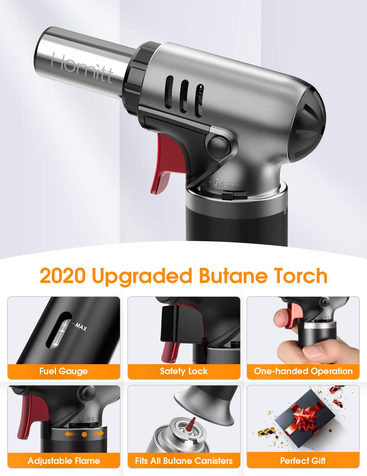 Butane Torch with Fuel Gauge,Homitt Refillable Cooking Torches with One-handed Operation &Safety Lock,Adjustable Flame,Fit All Butane Tanks Kitchen Culinary Butane Torch for Cooking,Baking,BBQ