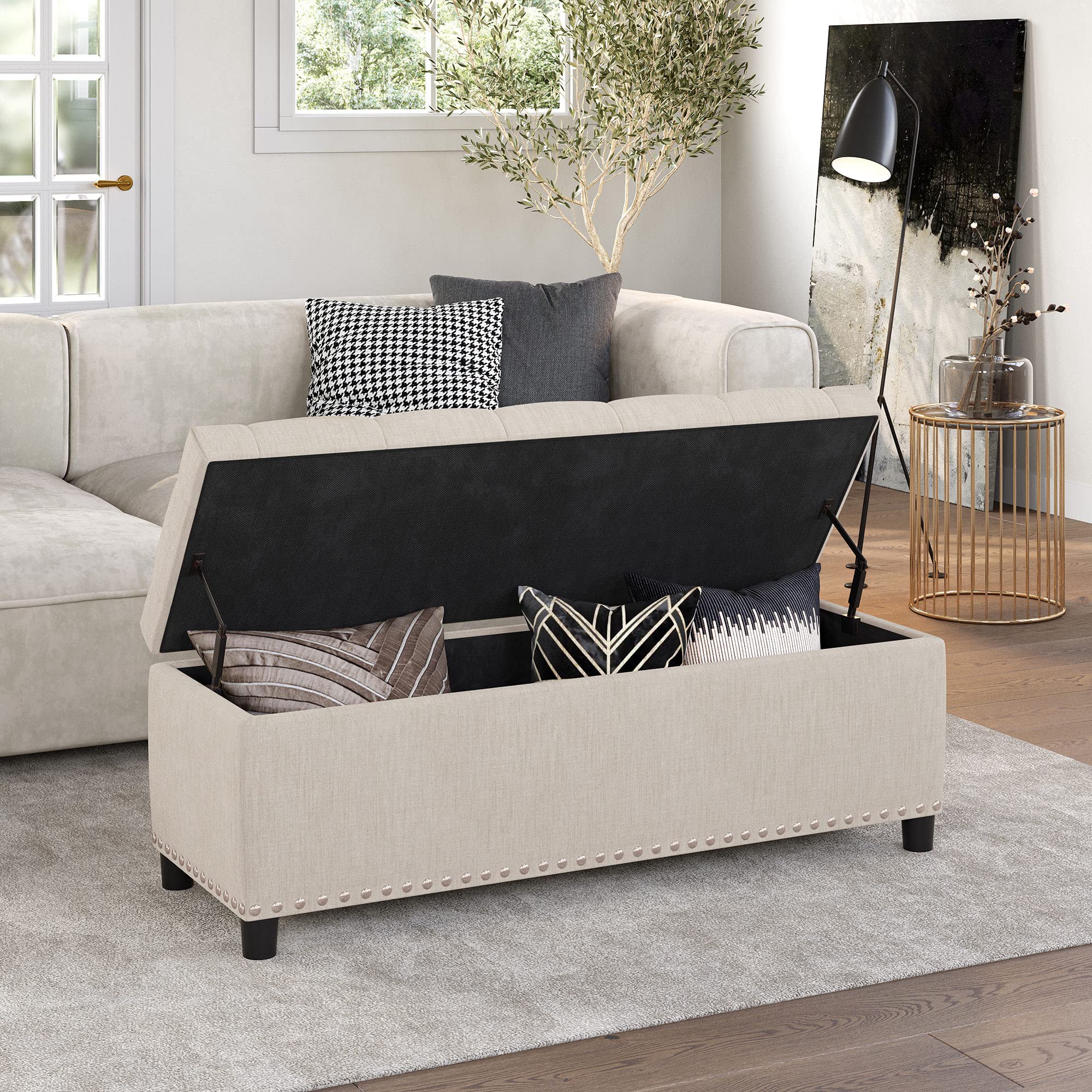 BELLEZE 47 Inch Storage Ottoman, Button-Tufted Ottoman Linen Storage Bench with Safety Close Hinge, Ottoman with Storage for Living Room, Entryway, Hallway, Foot Rest, Support 300lbs - Beige