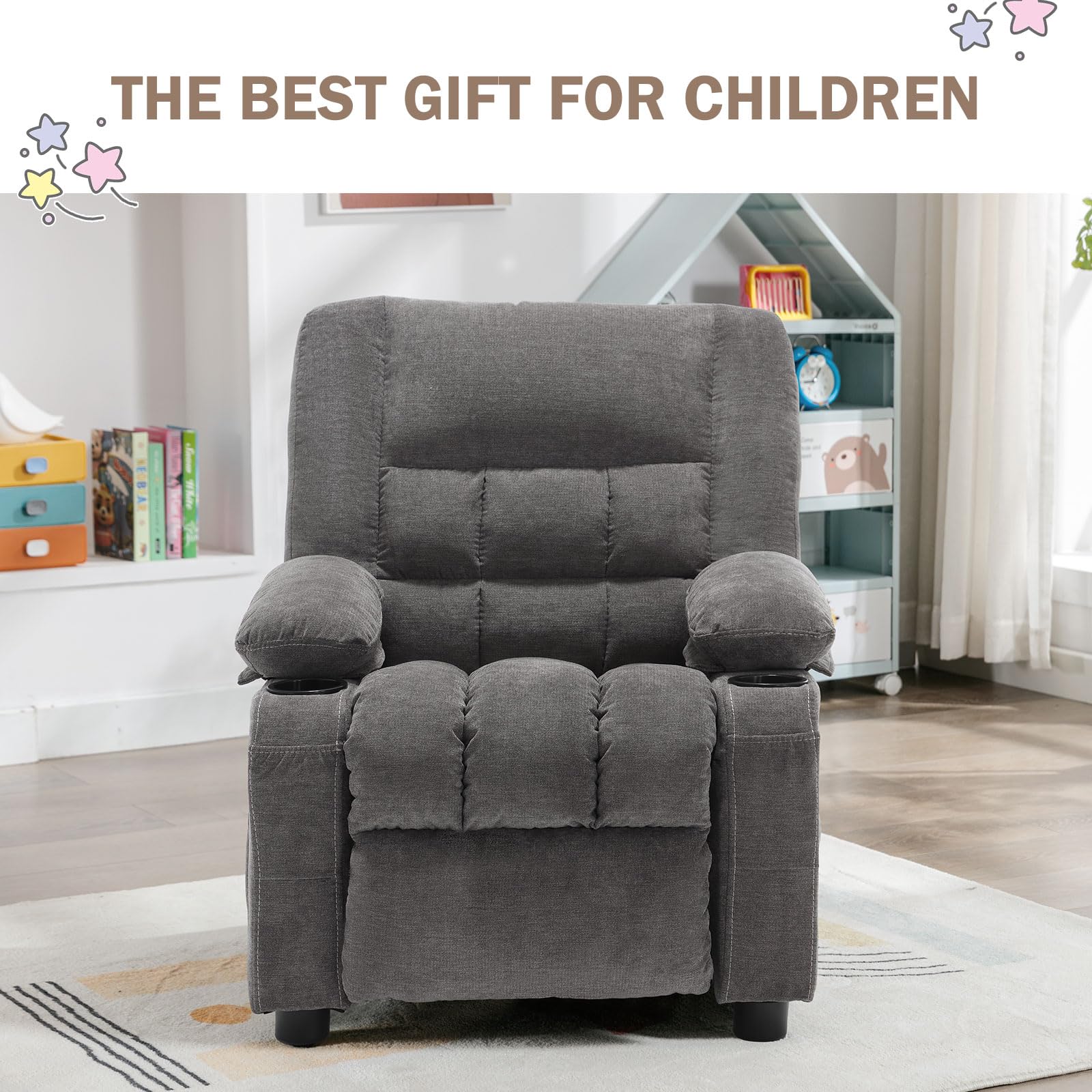 BOSMILLER Kids Recliner Chair, Push Back Toddler Recliner with Cup Holders & Side Pockets, Adjustable Footrest & Headrest Kids Sofa for Boys Girls 3+ Age Group (Deep Grey)