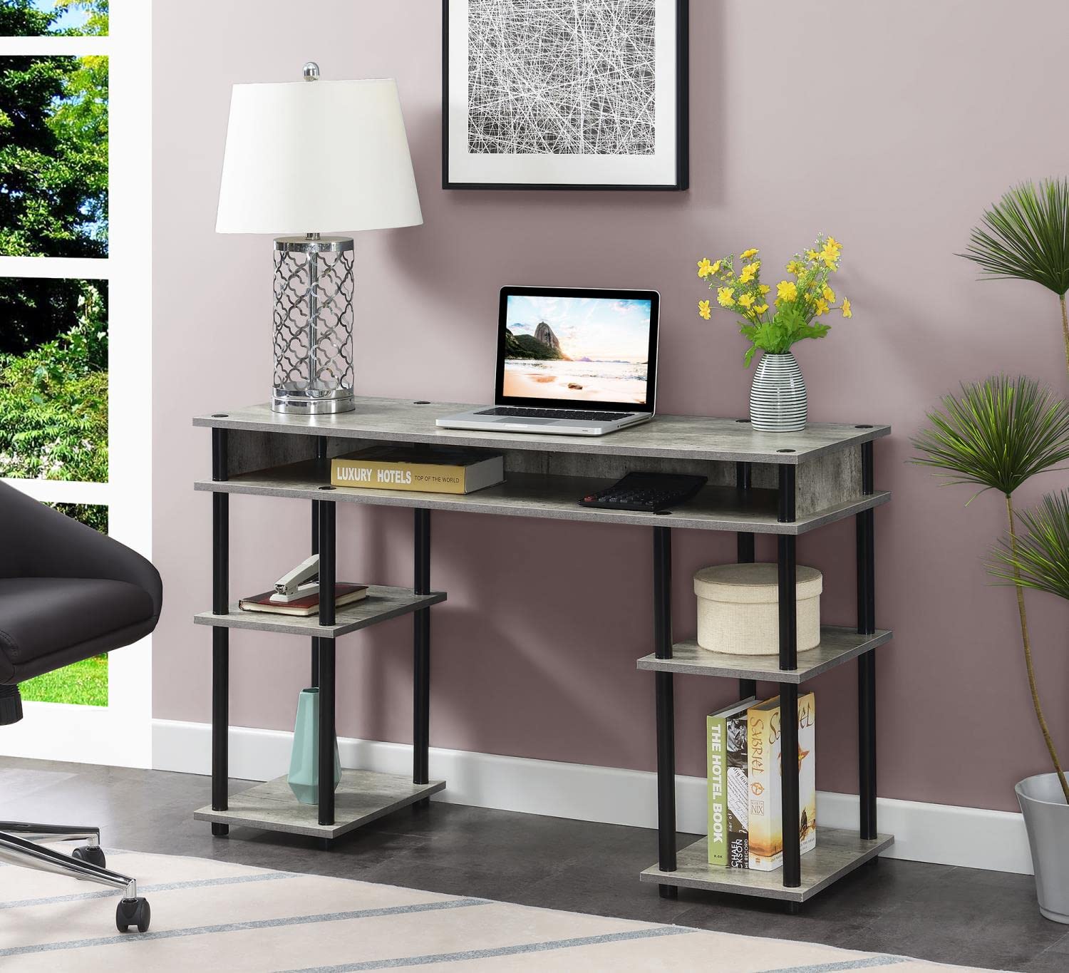 Convenience Concepts Designs2Go No Tools Desk Home Office Desk with Shelves, Corner Shelf Vanity Desk Computer Desk Nail Table for Nail Tech - 47.25" L x 15.75" W x 30" H, Faux Birch/Black