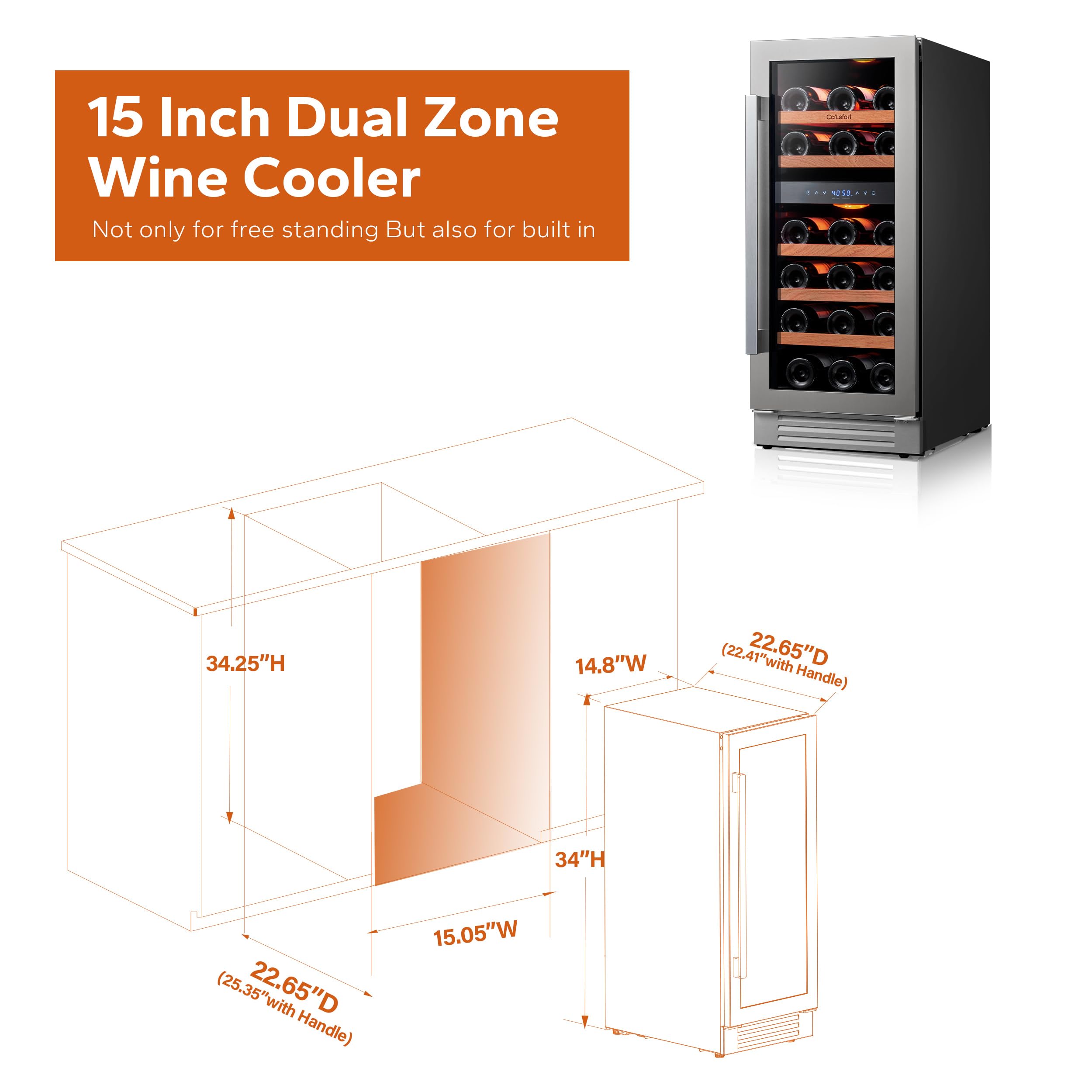 Ca'Lefort 15 Inch Dual Zone Wine Refrigerator - 28 Bottle Capacity for Kitchen