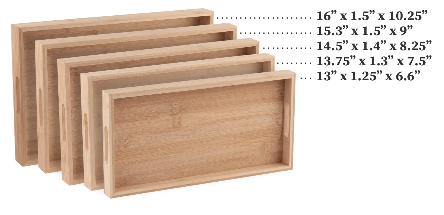 Bamboo Serving Tray Bamboo Decor - Five Piece Nested Breakfast Bamboo Tray - Wood Crafts Trays for Organizing | Bathroom Tray - Food Trays for Party Buffet Montessori Wooden Trays for Serving