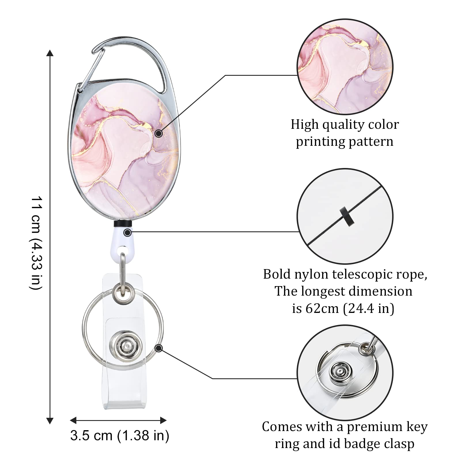 Badge Reels Retractable,Double Sided Color Print Pattern Badge Holders,with Keychain, Clip and Key Ring,Durable Nylon Rope,Pink Marble
