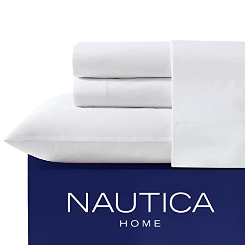 Nautica - Twin Sheets, Cotton Percale Bedding Set, Dorm Room Essentials (Solid White, Twin)