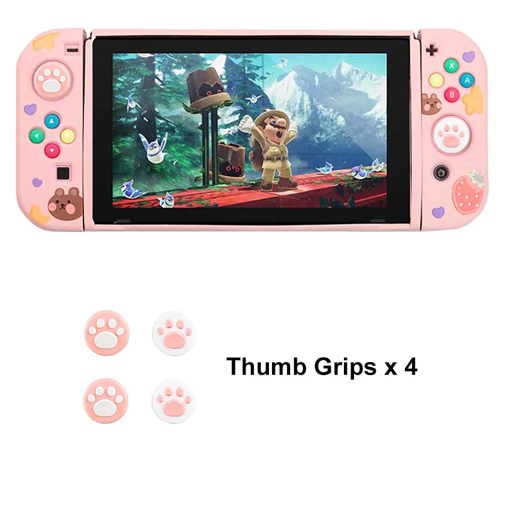 Aosai Case for Nintendo Switch, Protective Case Cover for Nintendo Switch and Joy Con Controller with 4 Thumb Grips and 2 Glass Screen Protector (Strawberry Bear Pink)
