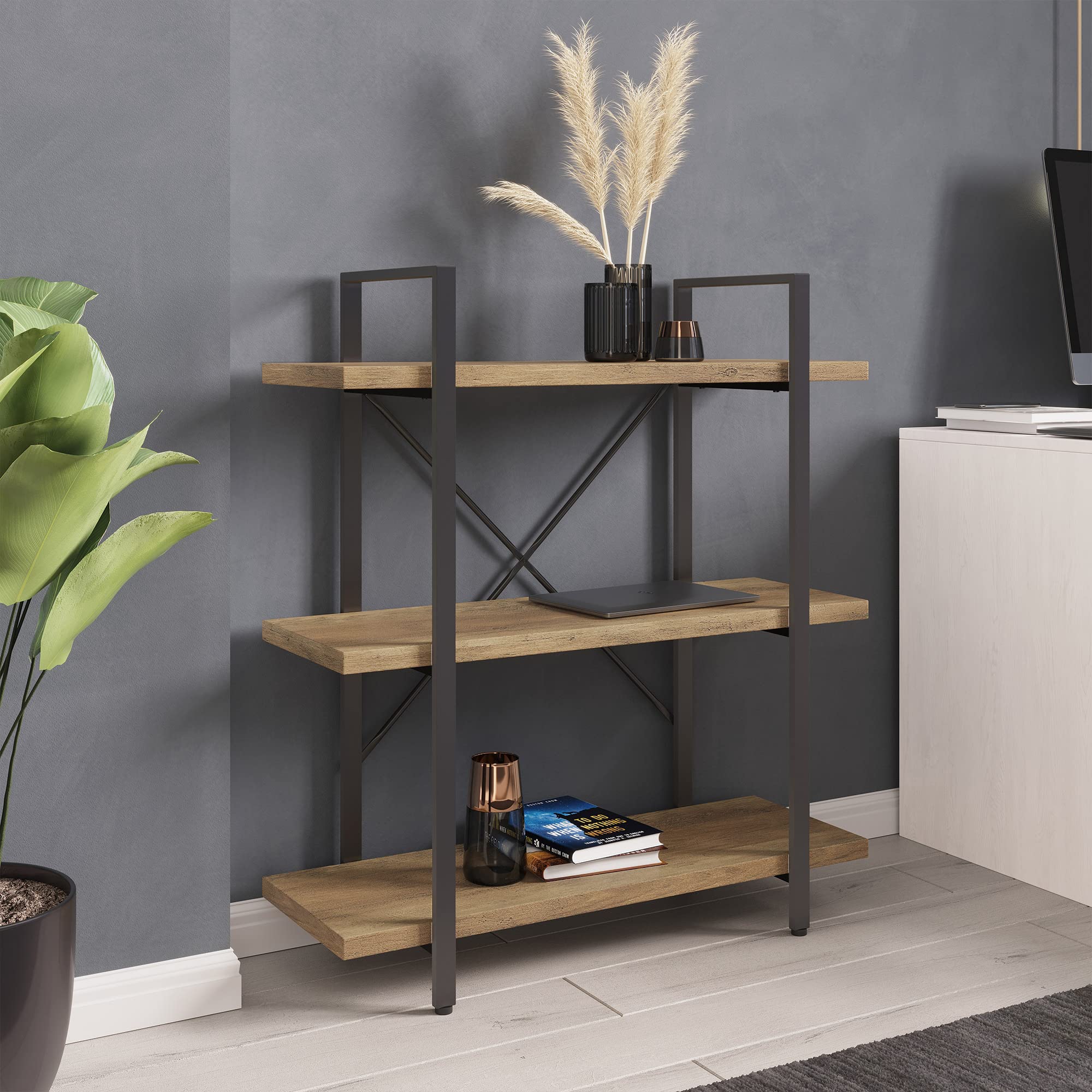 BELLEZE 3 Tier Modern Rustic Industrial Bookshelf, Open Wide Office Etagere Book Shelf, Wood and Metal Bookcases with Storage Display Rack - Hazel (Rustic Oak)