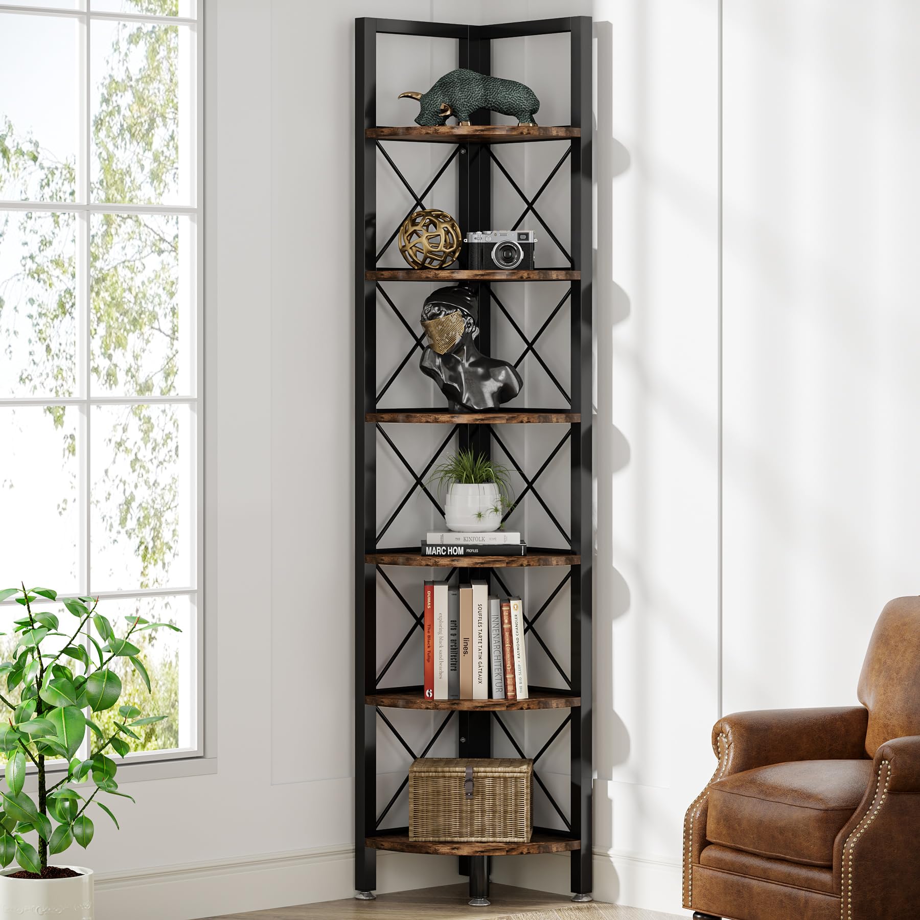 Tribesigns 6 Tier Corner Shelf, Modern Corner Bookshelf Small Bookcase Corner Storage Rack Plant Stand for Living Room, Home Office, Kitchen, Small Space