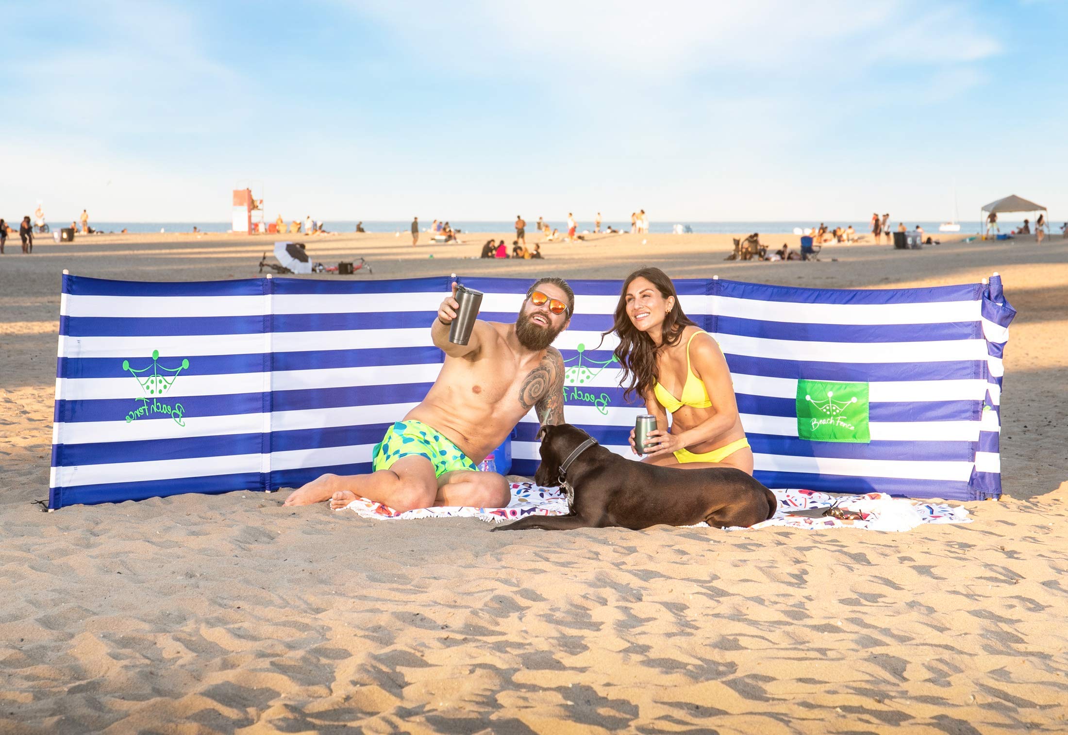 BEACH FENCE Premium 20 ft Beach Windscreen, Privacy Screen, Wind Blocker - Original Nautical, Free Rubber Mallet and Carry Bag Included