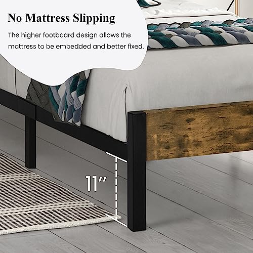 SHA CERLIN Twin Size Metal Platform Bed Frame with Wooden Headboard and Footboard/Rustic Mattress Foundation/No Box Spring Needed/Non-Slip Without Noise/Black&Brown