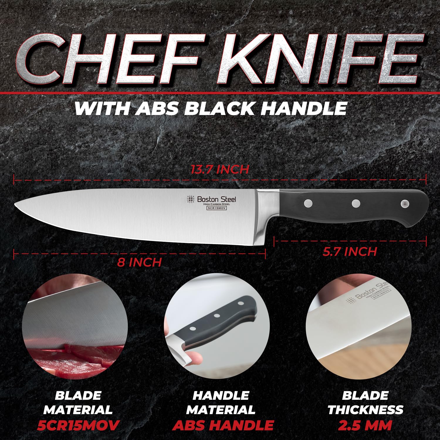 Boston Steel Chef Knife 8 Inch 5CrMoV Carbon Stainless Steel Sharp Full Tang Kitchen Knife with ABS Ergonomic Handle Design, Gifts for Men and Women, Kitchen Knives in Premium Gift Box
