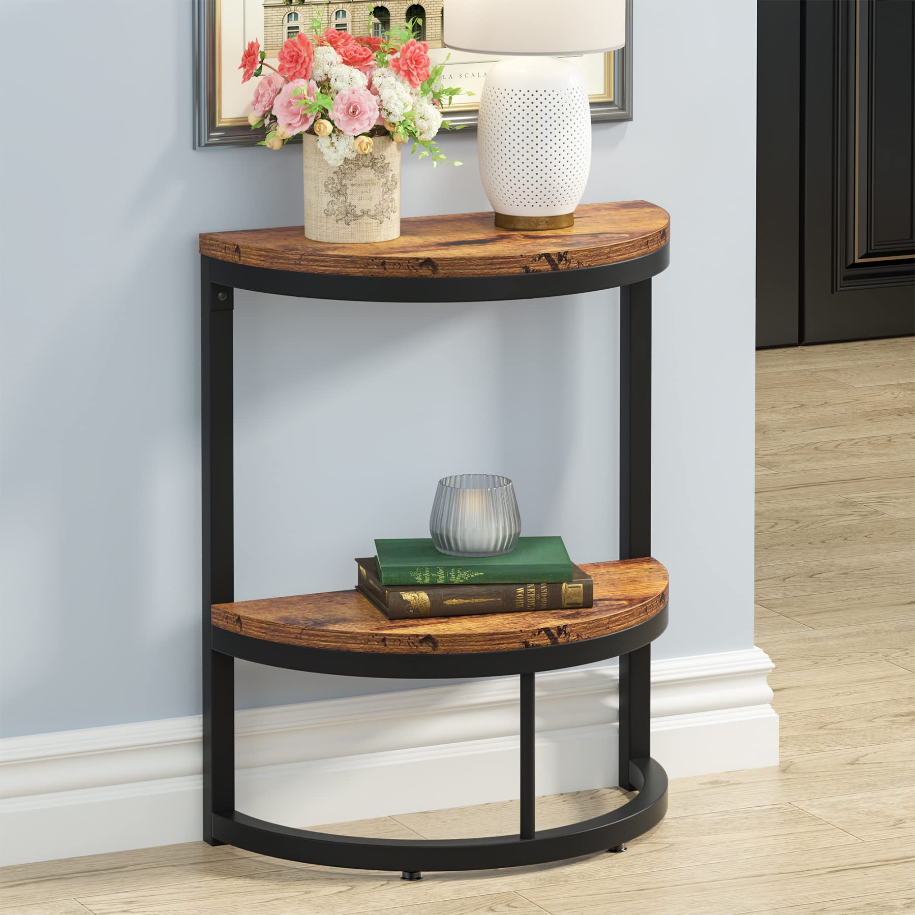 Tribesigns 2-Tier End Table Semi Circle, Small Half Round Side Table with Storage Shelf, Wood Accent Table Slim C Table for Sofa Couch, Living Room, Bedroom, Small Space, Easy Assembly, Rustic Brown