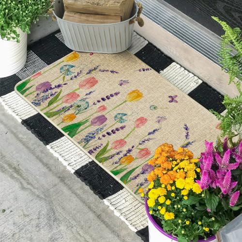 Artoid Mode Tulip Lavender Spring Decorative Doormat, Seasonal Flower Summer Holiday Low-Profile Rug Switch Mat for Indoor Outdoor 17x29 Inch