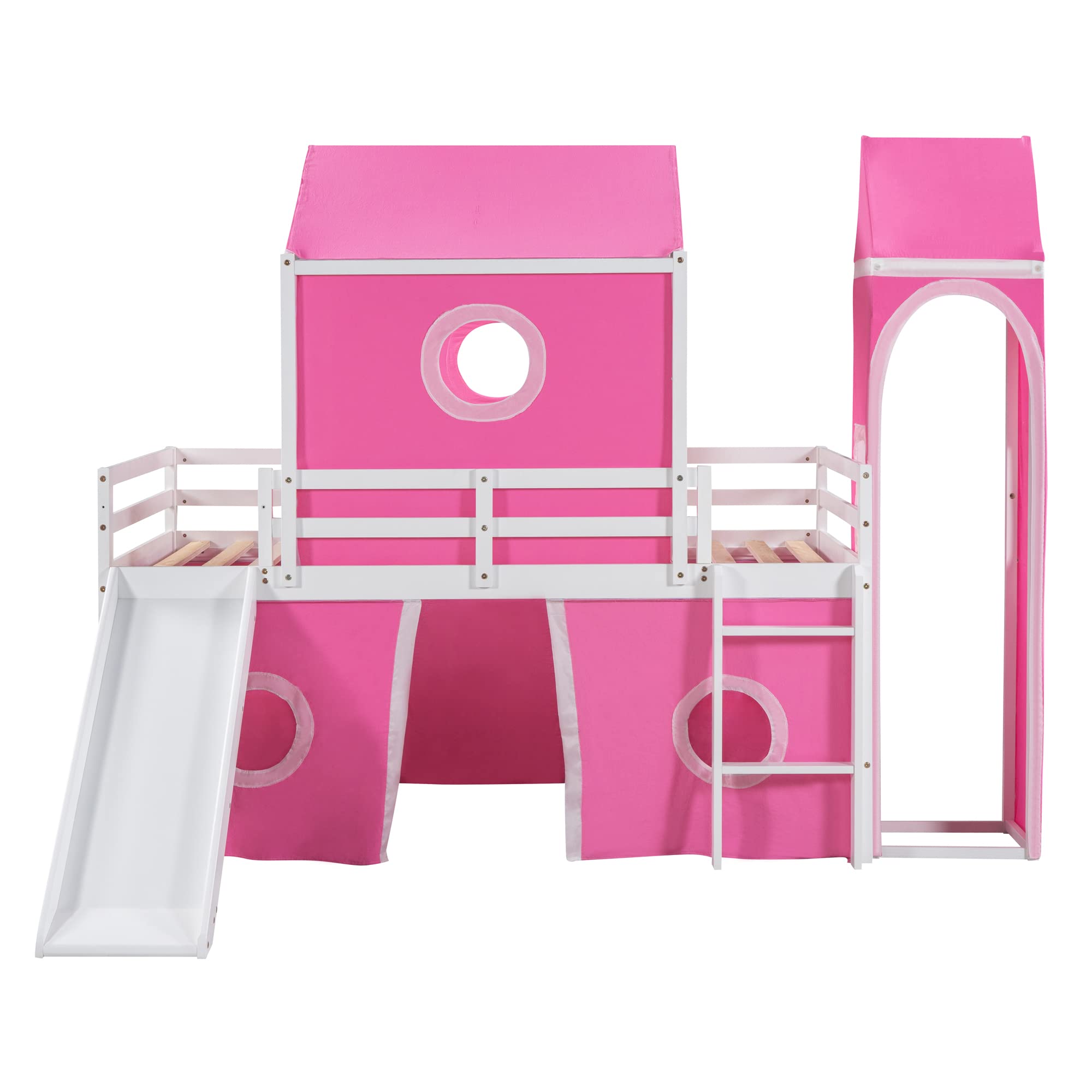 Harper & Bright Designs House Loft Bed with Slide and Tent, Twin Size Loft Bed with Small Pinnacle and Ladders, Wood Bunk Bed, Playhouse Bed Frame for Kids, Teens, Boys & Girls (Twin Size, Pink)
