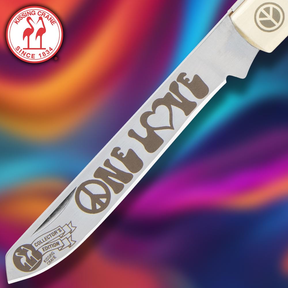 KISSING CRANE Groovy Trapper Pocket Knife | Laser Etched Stainless Steel Blades | 3D Printed Bone and Acrylic Handle Scales | Nickel Silver Boosters | 1960's Tribute | Closed Length 4"
