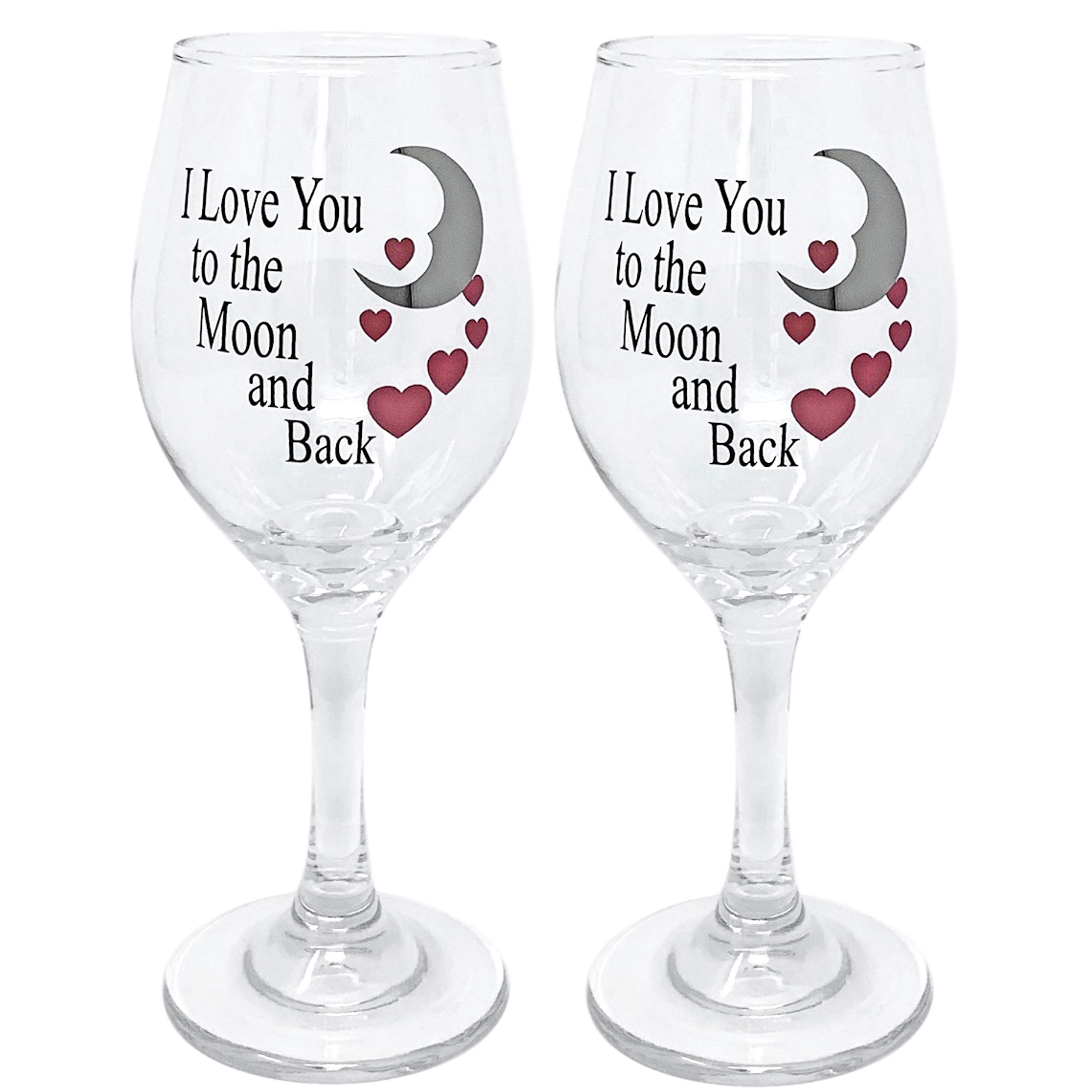 BANBERRY DESIGNS - Set of 2 Wine Glasses - I Love You to the Moon and Back Design with Red Hearts - 14 oz
