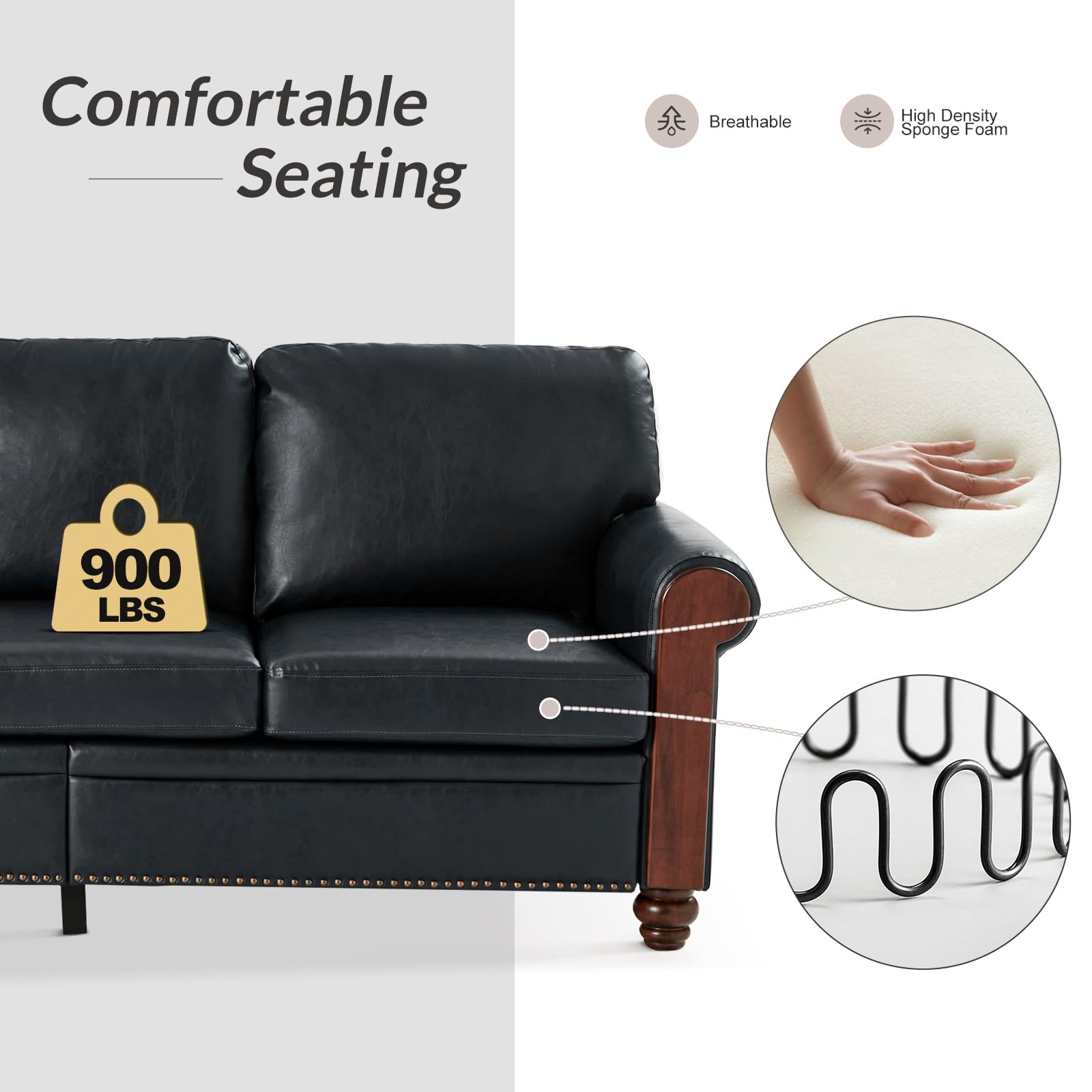 HULALA HOME 81" Sofa, Classic Faux Leather Couch Comfy 3 Seater Sofa with Wood Decor Rolled Arms Nailhead Trim, Brown Upholstered Leather Couch for Living Room